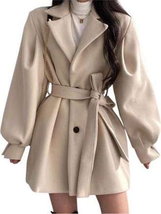 Onsoyours Manteau En Laine Femme Automne Hiver Manches Longues Revers Unie Veste Élégant Décontracté Blousons Trench-Coat Avec Ceinturé Jacket Outwear A Abricot