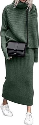 ORANDESIGNE Robe en Tricot Femme Ensemble 2 Pièces Pull Haut et Midi Jupe Tricoté Pull à Col Roulé Robe Tricotée D Vert XL