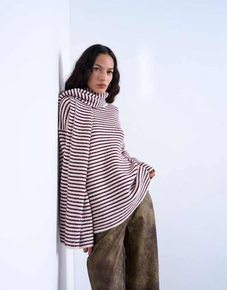 Topshop Oversize-Strickpullover in Pflaume gestreift mit Schal-Lila