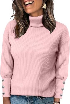 Generic Pull Femme Hiver Chaud col Montant D&eacute;contract&eacute; Manche Longue Couleur Unie Jumper Pull Femme Chic et El&eacute;gant Mode Ample Sweatshirts Rose