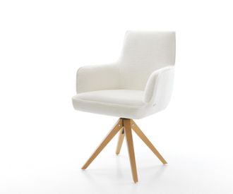 DELIFE Drehstuhl Heira-Flex mit Armlehnen Boucl&eacute; Soft Beige Holzgestell kantig Natur 180&deg; drehbar Taschenfederkern, Esszimmerst&uuml;hle