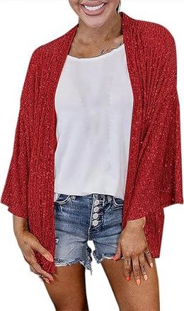 Generic Cardigan &agrave; paillettes solides pour femme - Style bo&icirc;te de nuit - Grande taille - Veste dhiver pour femme, Rouge, 3XL