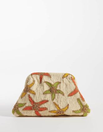 True Decadence Verzierte, bauschige Clutch in Cremewei&szlig; mit Seestern-Muster