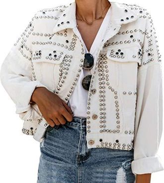 Onsoyours Femmes Veste Casual Denim Manteaux Bouton Avant Chaud Jean Blouson Manteau avec Rivet Outwear Automne Hiver Slim Fit Blanc M