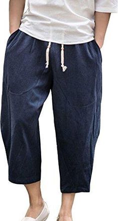 LaoZanA Homme 3/4 Shorts Bermudas Pantalon Sarouel Taille Elastique Baggy Large Pantacourt Décontracté Léger Pantalon en Lin Marine 3XL