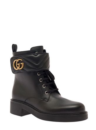 Gucci Womens Black Ankle Boot With Textured Hardware Half Calf