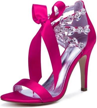 Generic Femmes Mari&eacute;e Aiguille Talon Heel Ouvert Bout Lani&egrave;res Hauts Sandales Mariage Dress Chaussures Dress F&ecirc;te 10.5 CM,Rose Red,39 EU