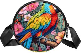 Generic Petit sac &agrave; bandouli&egrave;re rond pour femme, motif perroquet avec fermeture &eacute;clair, bretelles r&eacute;glables, sac &agrave; main rond d&eacute;contract&eacute; pour femmes et filles