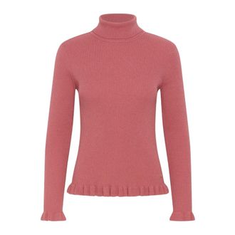 Cream Gerippter Rollkragenpullover mit R&uuml;schenbesatz - - Knitwear - Damen - Rosa - 2XL