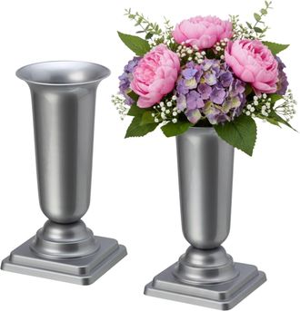 Matches 21 Wetterfeste Grabvasen mit Sockel 31 cm Silber - 2 Friedhofsvasen zum Hinstellen als Grabschmuck