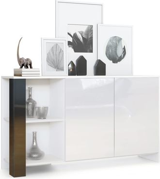 Vladon Sideboard Canto, Made in Germany, Lange Anrichte mit 2 Türen und 6 Fächern, Korpus Weiß matt, Fronten Weiß Hochglanz, Dekor-Paneele Schwarz Hochglanz 