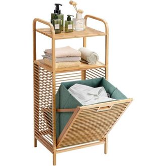 Costway Badregal mit Waeschekorb, Badezimmer Regal aus Bambus, mit 2 offenen Regalfaechern, herausnehmbarer Stoffeinsatz mit Griff - Costway
