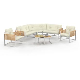 IDMarket Salon de jardin bas RIO 8 places salon dangle structure m&eacute;tal blanc et cordage effet rotin avec coussins beiges