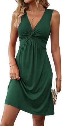 Generic Robe débardeur sans manches avec col en V nouée sur le devant pour femme, robe dété unie, décontractée, robe trapèze pour plage, fête, robe moulante, 