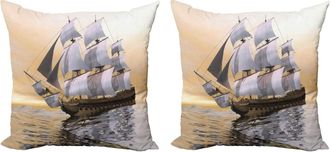Abakuhaus maritim Dekokissen Kissenbezug 2er Pack, Schiff auf Ozean, Modern Accent Doppelseitiger Digitaldruck, 40x40, Graue Creme