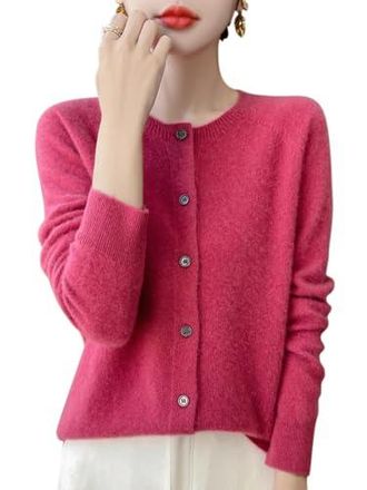 ORANDESIGNE Gilet Femme Chic et Elegant Gilet Court Col Rond Gilets Manches Longues Cardigan Laine Mi-Saison A Rouge Rose XL