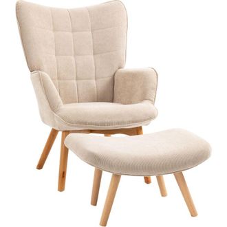 HOMCOM Homcom - Fauteuil &agrave; oreilles et son repose-pieds pi&egrave;tement bois velours c&ocirc;tel&eacute; dossier effet capitonn&eacute; beige