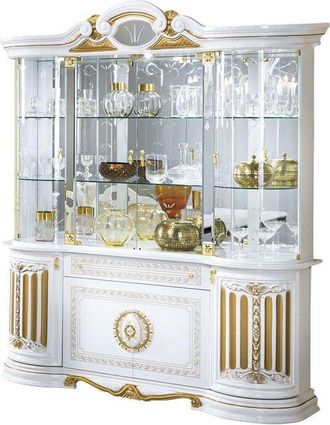Les Tendances Vitrine 8 portes 1 tiroir bois vernis laqu&eacute; brillant blanc et dor&eacute; Lesly 173cm