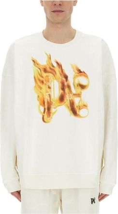 Palm Angels Homme, Sweatshirts et sweats &agrave; capuche, Blanc, Taille: M Burning Logo Crewneck SweaT-shirt