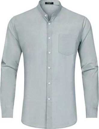 Hisdern Chemise Gris Clair Homme Manches Longues Élégants Chemise Col Mao pour Homme Coupe Droite pour Mariage Business & Bureau XL
