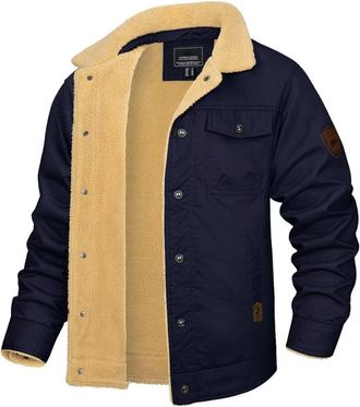 KEFITEVD Herren Kn&ouml;pfbare Sherpa Fleece Gef&uuml;tterte Cargo Jacken Mantel Winter Ripstop Strapazierf&auml;higer Dicke Warme Winddichte Oberbekleidung Marine
