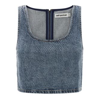 Self Portrait Femme, Tops, Bleu, Taille: 36 FR Haut Court en Denim Orn&eacute; de Strass