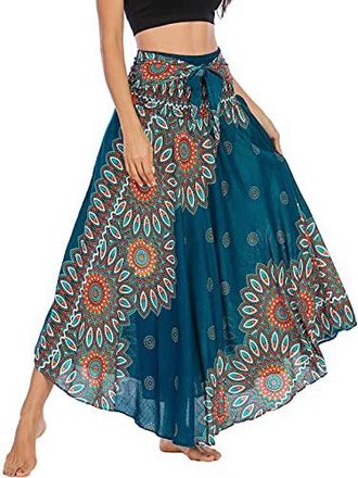Feoya Jupe Longue Bohême Femme Jupe Gitane Fluide Hippie Taille Haute Élastique Jupes Indienne Maxi Robe Imprimé de Plage Vacances Robes Licou Dos Nu Sexy 2