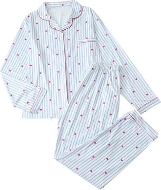 Generic Ensemble Pyjama ray&eacute; pour Femme avec Motif Coeur-Pyjama Femme Doux et Confortable Ensemble Haut Manches Longues avec Pantalon Id&eacute;al D&eacute;tente Soir&eacute;e Loi