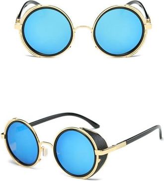 Generic Lunettes de soleil rondes steampunk pour femme - Visière latérale - Verres circulaires - Style vintage rétro punk - Oculos De Sol, 4-or-bleu, Taille u