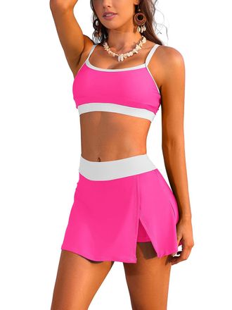 SHEKINI Damen Bikini Set Badeanz&uuml;ge mit Rock High Waist Bauchweg Baderock mit Sicherheitsshorts Zweiteiliger Bademode Badeanzugkleid Push up Bikini Oberteil S