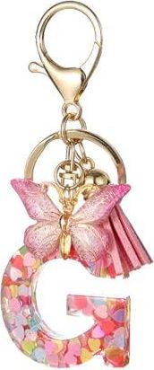 Generic Porte-cl&eacute;s en r&eacute;sine paillet&eacute;e 26 lettres avec papillon pompon porte-cl&eacute;s crochet, G, taille unique