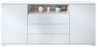 Vladon Skadu V4 Sideboard, Kommode mit 2 Türen, 3 Schubladen und 1 offenem Fach, Weiß matt/Sandgrau Hochglanz (166,5 x 75,5 x 35 cm)