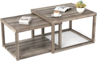 Costway Ensemble de 2 Tables Basses Gigognes, Tables dAppoint Rectangulaires Empilables avec &eacute;tag&egrave;re de Rangement, pour Salon, Chambre, Gris
