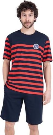Ath&eacute;na Ensemble Pyjama Court Homme, Nightwear Rayures- Jersey 100% Coton Respirant - Fils Teints - T-Shirt Manches Courtes + Short - Label Oeko-TEX Standard 