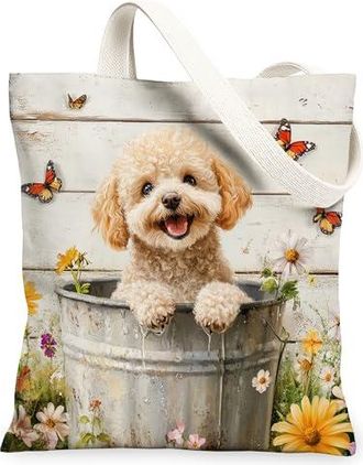 Generic Sac fourre-tout en toile motif chien cavachon printanier 33 x 38,1 cm, joli sac &agrave; bandouli&egrave;re r&eacute;utilisable en bois de fleur rustique pour femme, peint