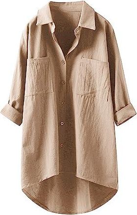 Generic Chemise unie en gaze froissée pour femme 2025 à manches 3/4 à manches longues surdimensionnée décontractée et flatteuse tendance haute basse en coton 