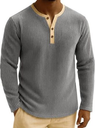 Generic Sweatshirts pour hommes chemises &agrave; manches longues pour homme pull boutonn&eacute; col en V pulls &agrave; rayures textur&eacute;es sweatshirt l&eacute;ger hiver automne sport gy