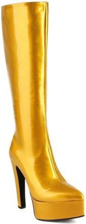 Generic Bottes hautes m&eacute;talliques &agrave; bout pointu pour femme, fines et extensibles, avec fermeture &eacute;clair lat&eacute;rale, talons bloqu&eacute;s, chaussures de f&ecirc;te, jaune, 3