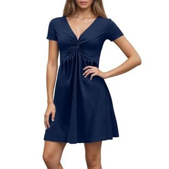 Generic Robe d&eacute;t&eacute; d&eacute;contract&eacute;e &agrave; manches courtes avec col en V et noeud sur la poitrine, Marine, XXL