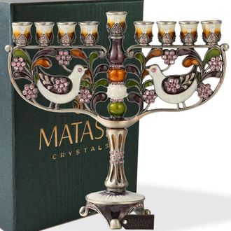 Matashi Crystals Handbemalter Menora-Kandelaber aus Emaille mit Tauben- und Blumen-Design und verziert mit goldenen Akzenten, f&uuml;r Chanukka