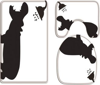 A.Monamour Badezimmer Badematte 3 Teilig Set Lustiges Nilpferd, Das Eine Dusche Silhouette Weißen Nimmt Flanell WC Toilette Deckel Deckt Bad Matte Teppich Badtep