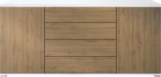 Vladon Sideboard Faro V2 - Kommode mit 2 Türen & 4 Schubladen, Schrank mit LED Lichtleiste, Weiß matt/Eiche Evoke (166,5 x 75,5 x 35)