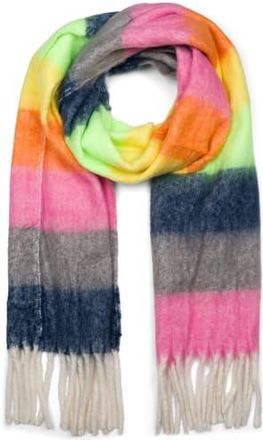 styleBREAKER &Eacute;charpe femme en maille tiss&eacute;e &agrave; larges rayures color&eacute;es et franges &eacute;paisses - &Eacute;charpe chaude dhiver, multicolore 01017160, couleur:Rose N&eacute;on-Gris-Ble