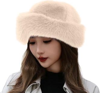 Generic Chapeau &eacute;pais et Chaud en Faux Vison pour Femme, Chapeau Mongol Luxueux, Polyvalent, Nouveau b&eacute;ret dhiver pour Femmes et Filles (Beige, One Size)