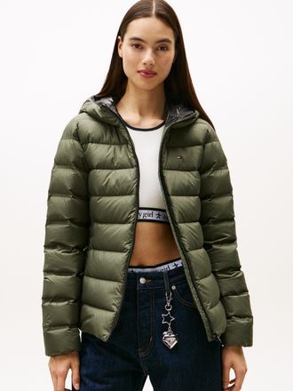 Tommy Jeans Steppjacke TOMMY JEANS TJW SLIM HOOD PRNT DOWN JCKT EXT, Damen, Gr. XXL (44), grün (pewter grün), Web, Obermaterial: 100% Polyester, unifarben mit Far