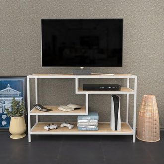 Hanah Home Scandinavian TV Stand, White & Oak, 120 x 39 x 75 cm | 100% Melamine Coated Particle Board, 18 mm Thick, Sturdy Metal Frame | Stylish & Functional Des