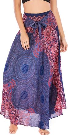 Feoya Lang Gedruckter Rock Damen Chiffon Bohemien Maxirock Verstellbares Riemen Kleid Freizeit Urlaub Sommerrock Strandkleider - Muster 1