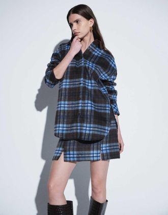 Asos ensemble chemise oversize &agrave; ourlet asym&eacute;trique &agrave; carreaux marron et bleu-Multi