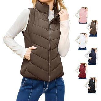 Generic Gilet bouffant sans manches avec fermeture &eacute;clair pour femme - Doudoune confortable sans encombrement, marron, XXL