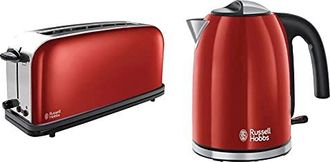 Russell Hobbs Toaster Langschlitz Colours+ rot, extra breite 1 Langschlitzkammer, 6 einstellbare Bräunungsstufen + Auftaufunktion & Wasserkocher Colours+ rot, 1,7l,